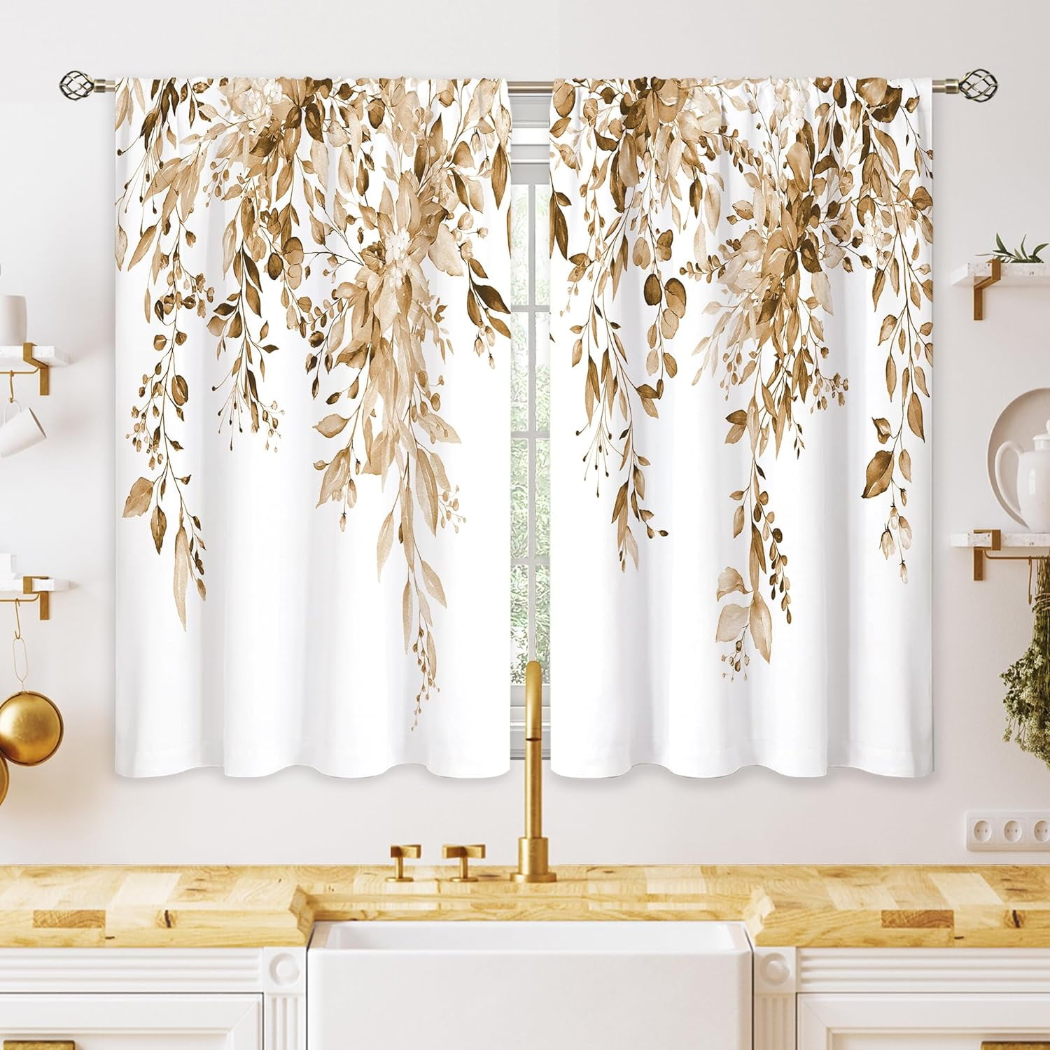Eucalyptus Botanical Leaves Floral Kitchen Window Curtains Over Sink ...