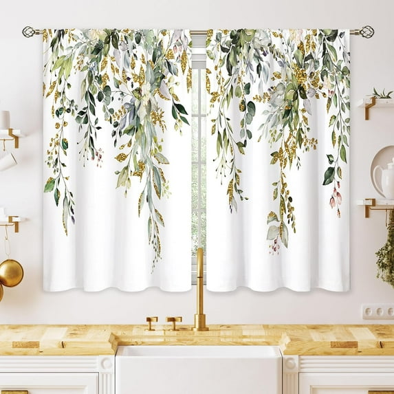 Eucalyptus Botanical Leaves Green Gold Floral Kitchen Window Curtains ...