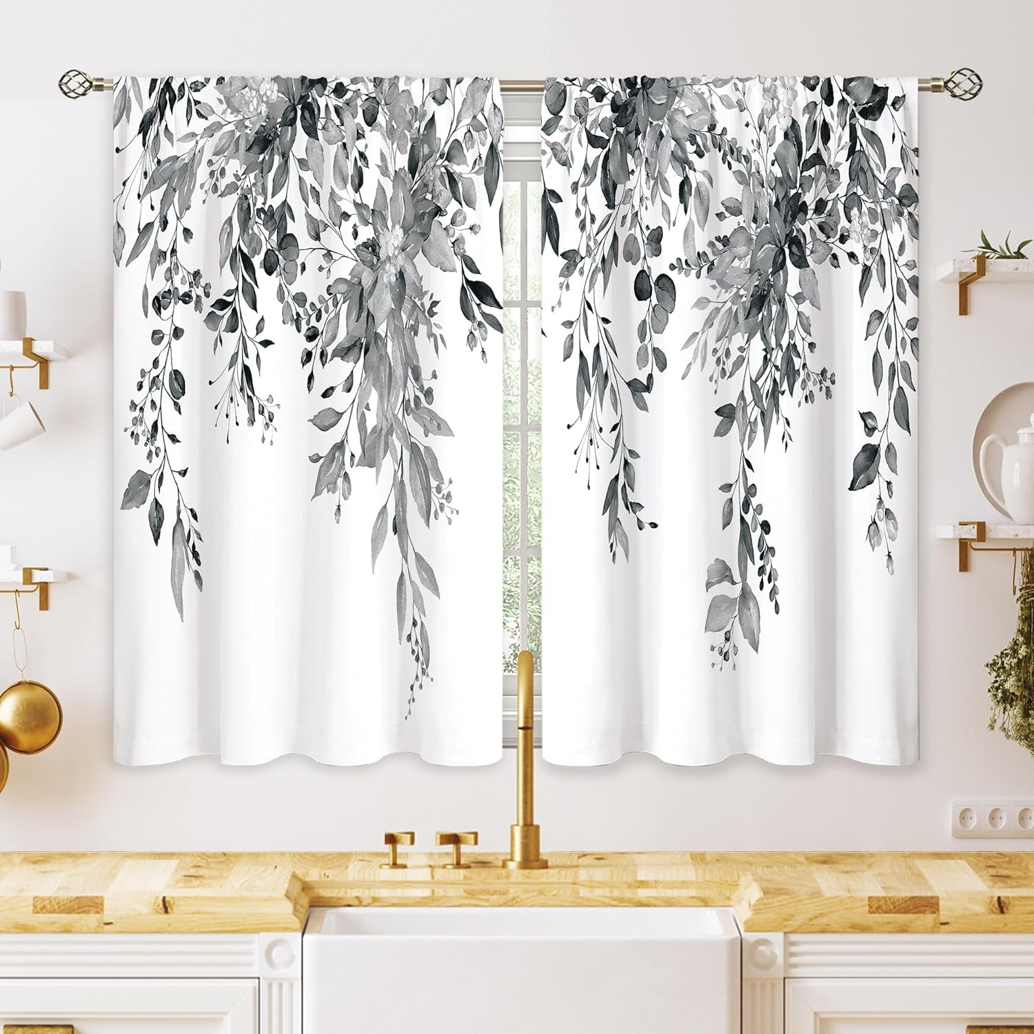 Eucalyptus Botanical Leaves Grey Floral Kitchen Window Curtains Over ...