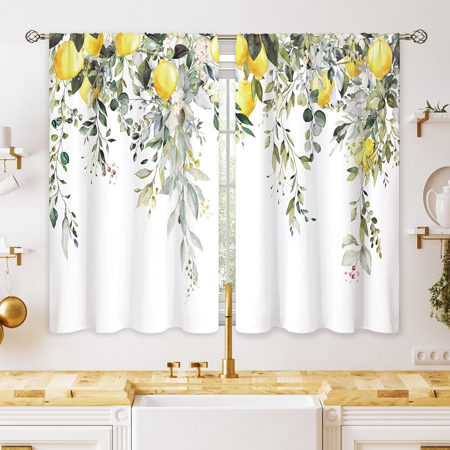 Eucalyptus Botanical Leaves Yellow Lemon Kitchen Window Curtains Herb Plant Floral Fruit Small ...