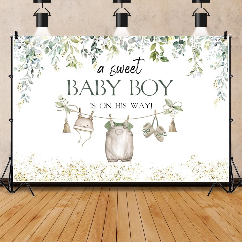 Eucalyptus Boy Baby Shower Backdrop Green Leaves Golden Diamond ...