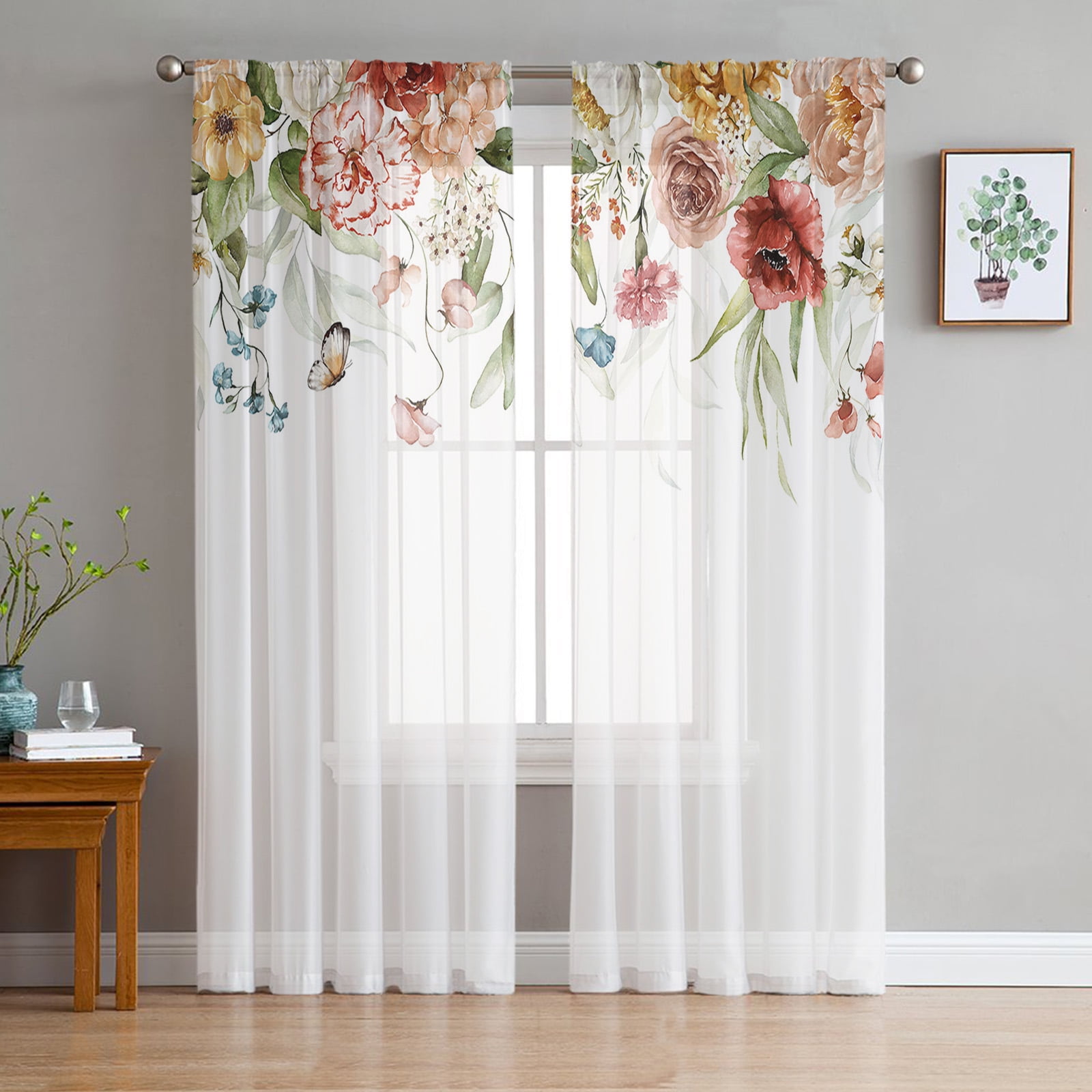 Eucalyptus Deciduous Dahlia Rose Tulle Sheer Curtain for Bedroom ...