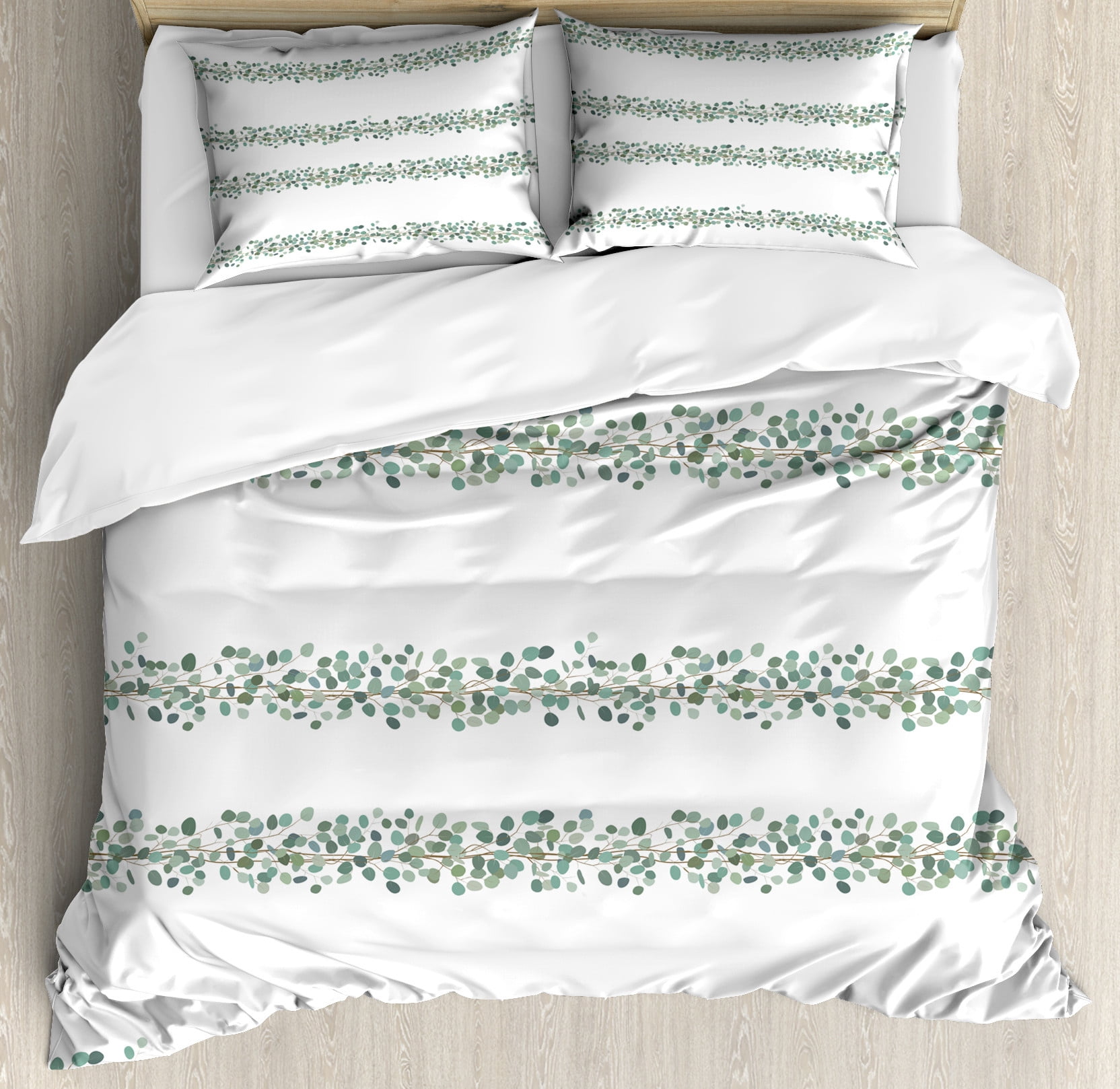 Eucalyptus Duvet Cover Set, Horizontal Strips Ornamented in Leaves and ...