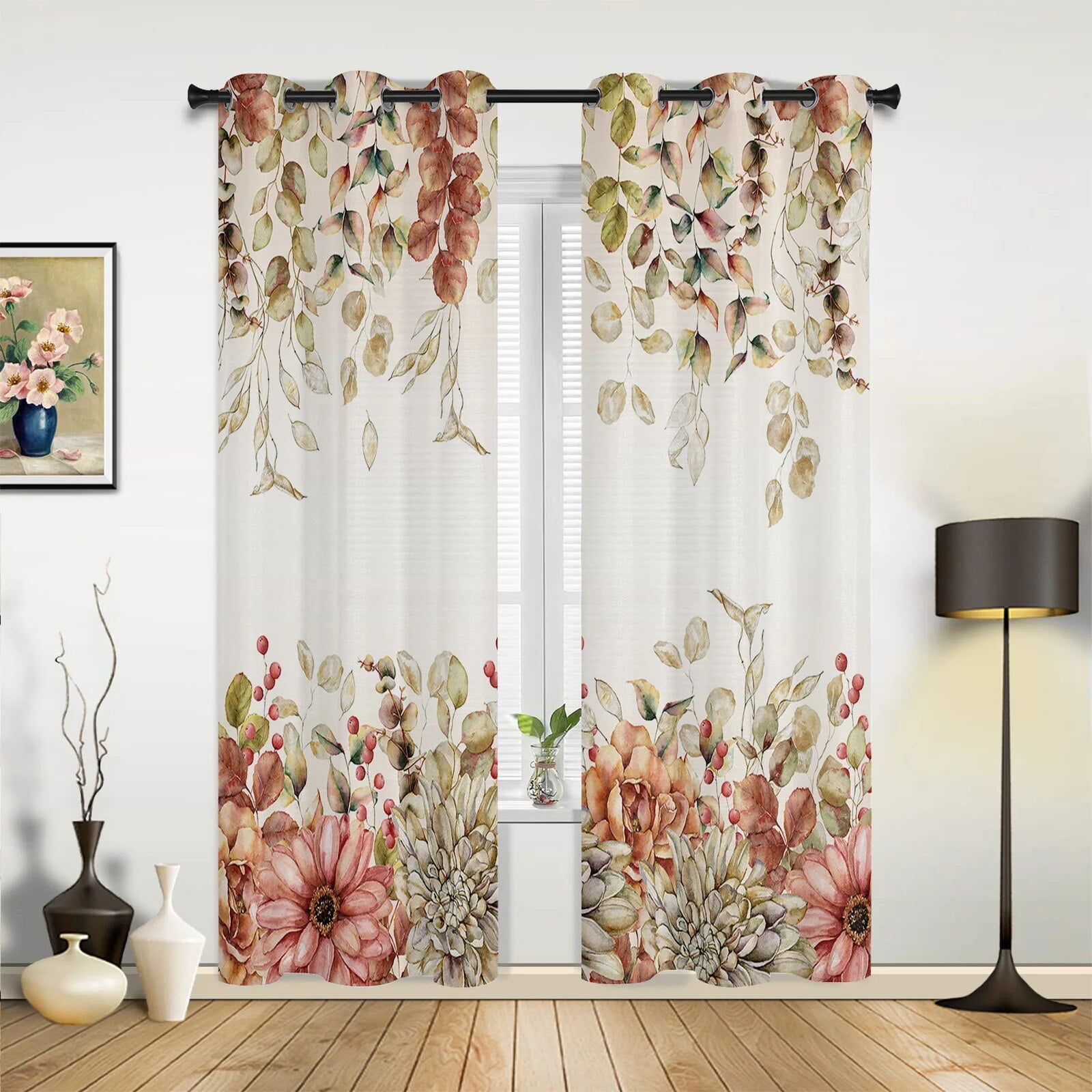 Eucalyptus Farm Plant Foliage Dahlia Rose Luxury Window Curtains Printed Curtains Living Room ...