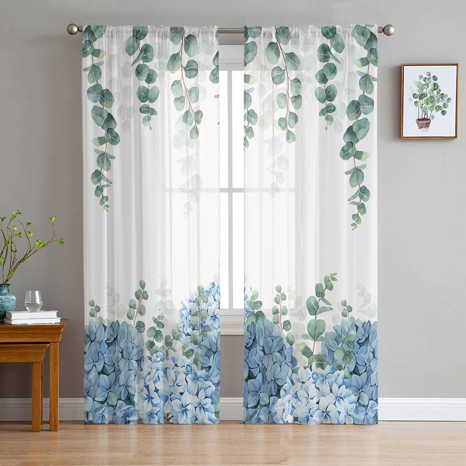 Eucalyptus Farmhouse Plant Hydrangea Tulle Voile Curtains For Bedroom ...