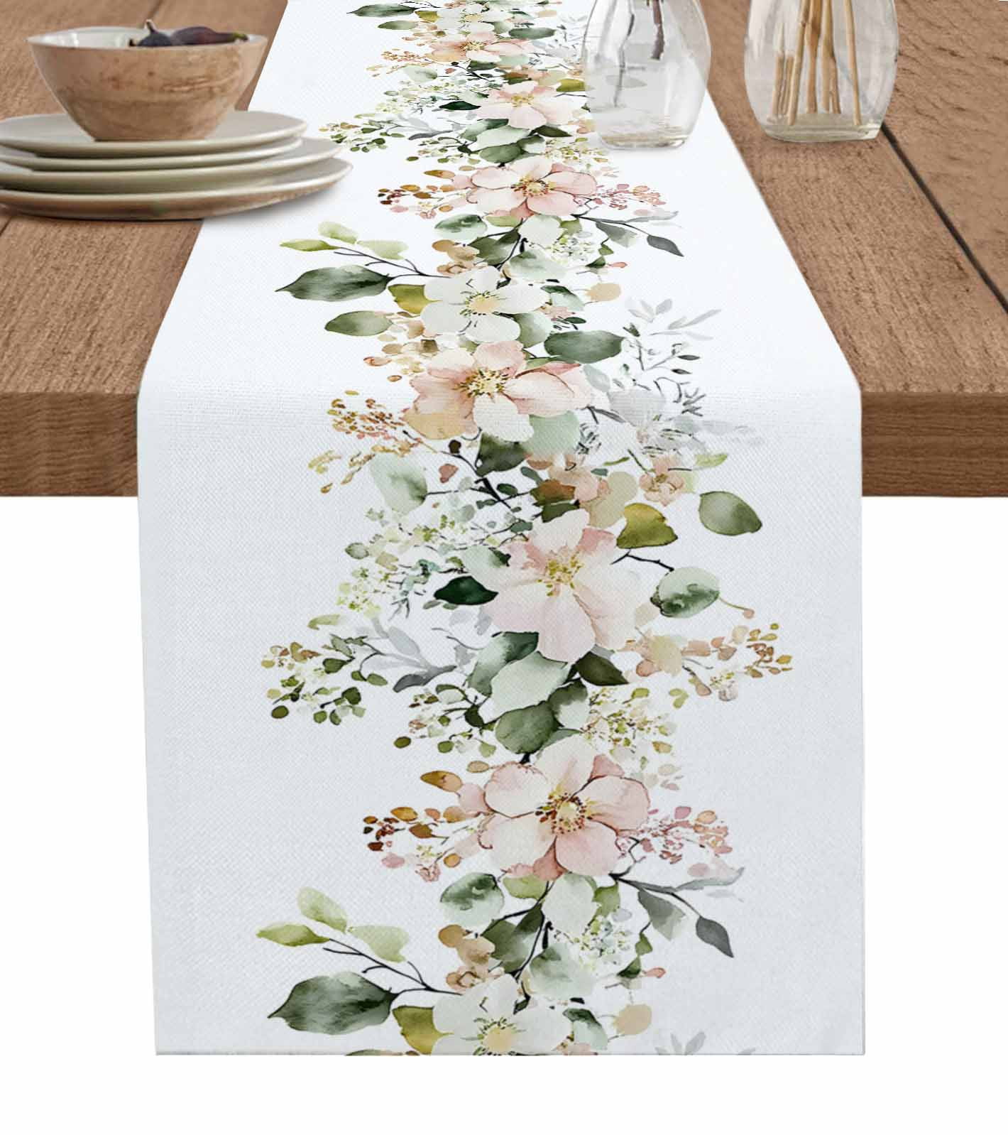 Eucalyptus Floral Burlap Cotton Table Runner 18x72 Inches Long, Summer ...