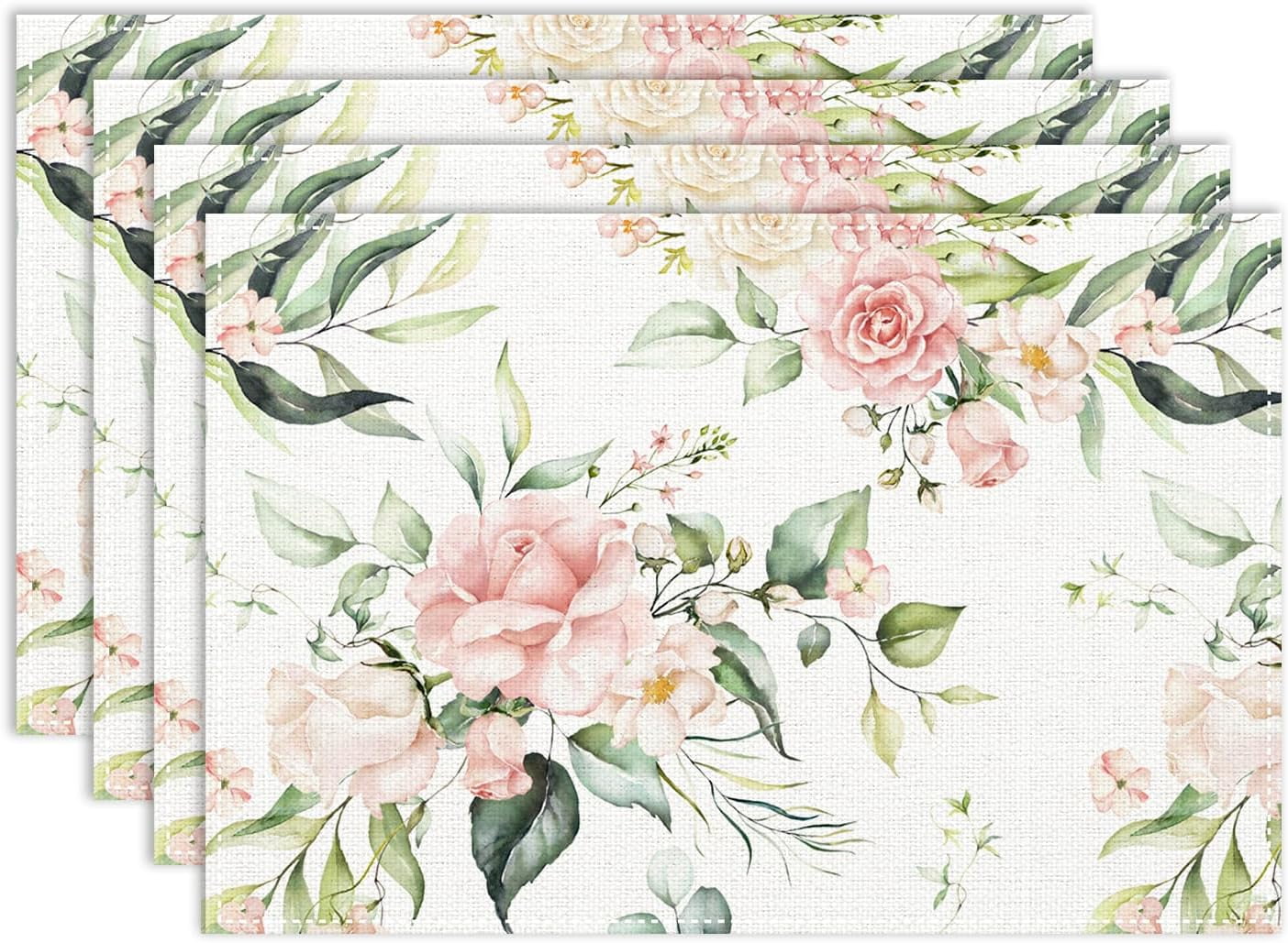 Eucalyptus Floral Placemat Set of 4, 19x13 Inch Sage Leaves Pink Green ...