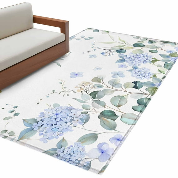 Eucalyptus Flower 3'x5' Washable Rug, Sage Green Leaf Blue Floral ...