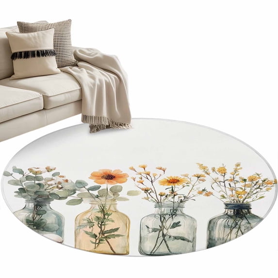 Eucalyptus Flower 3ft Area Rug, Orange Floral Sage Green Leaf Daisy ...