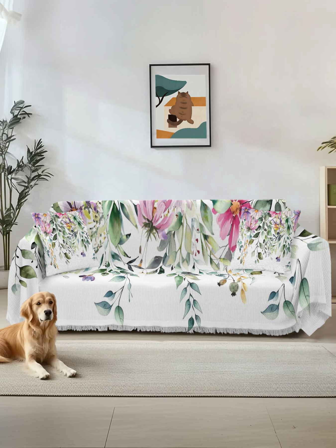 Eucalyptus Flower Couch Cover for 2 Cushion Sofa, Sage Green Botanical ...