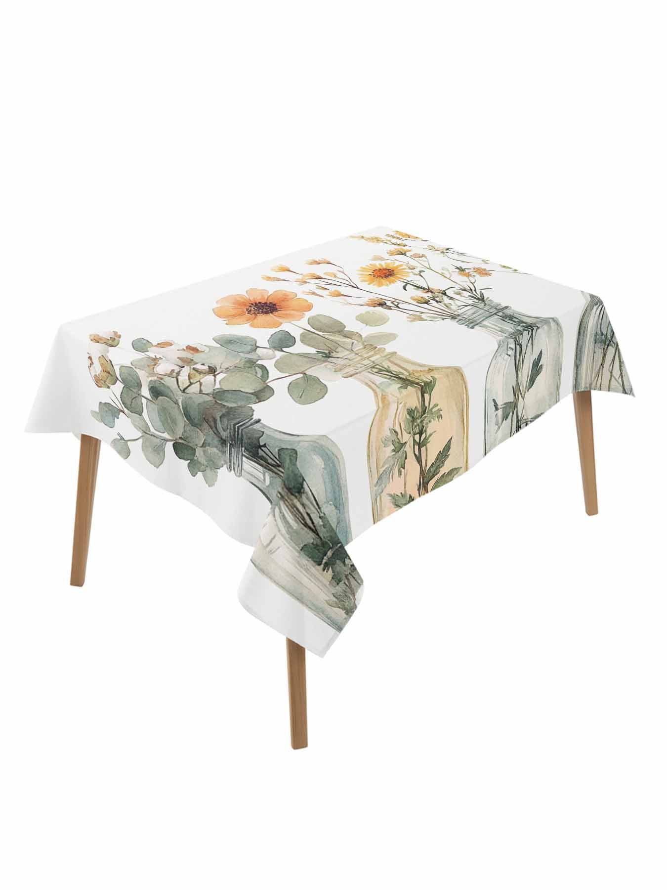 Eucalyptus Flower Table Cloth, Orange Floral Sage Green Leaf Daisy ...