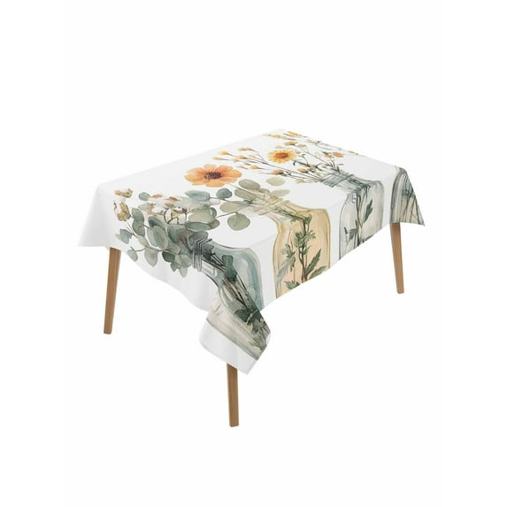 Eucalyptus Flower Table Cloth, Orange Floral Sage Green Leaf Daisy ...
