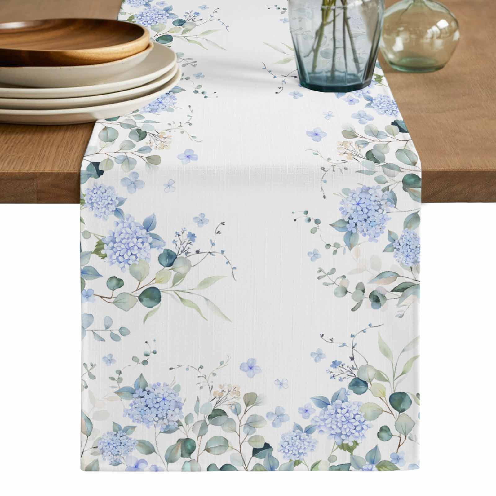 Eucalyptus Flower Table Runner, Sage Green Leaf Blue Floral Watercolor ...