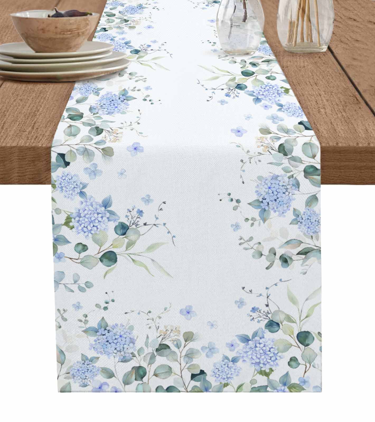 Eucalyptus Flower Table Runner Sage Green Leaf Blue Floral Watercolor ...