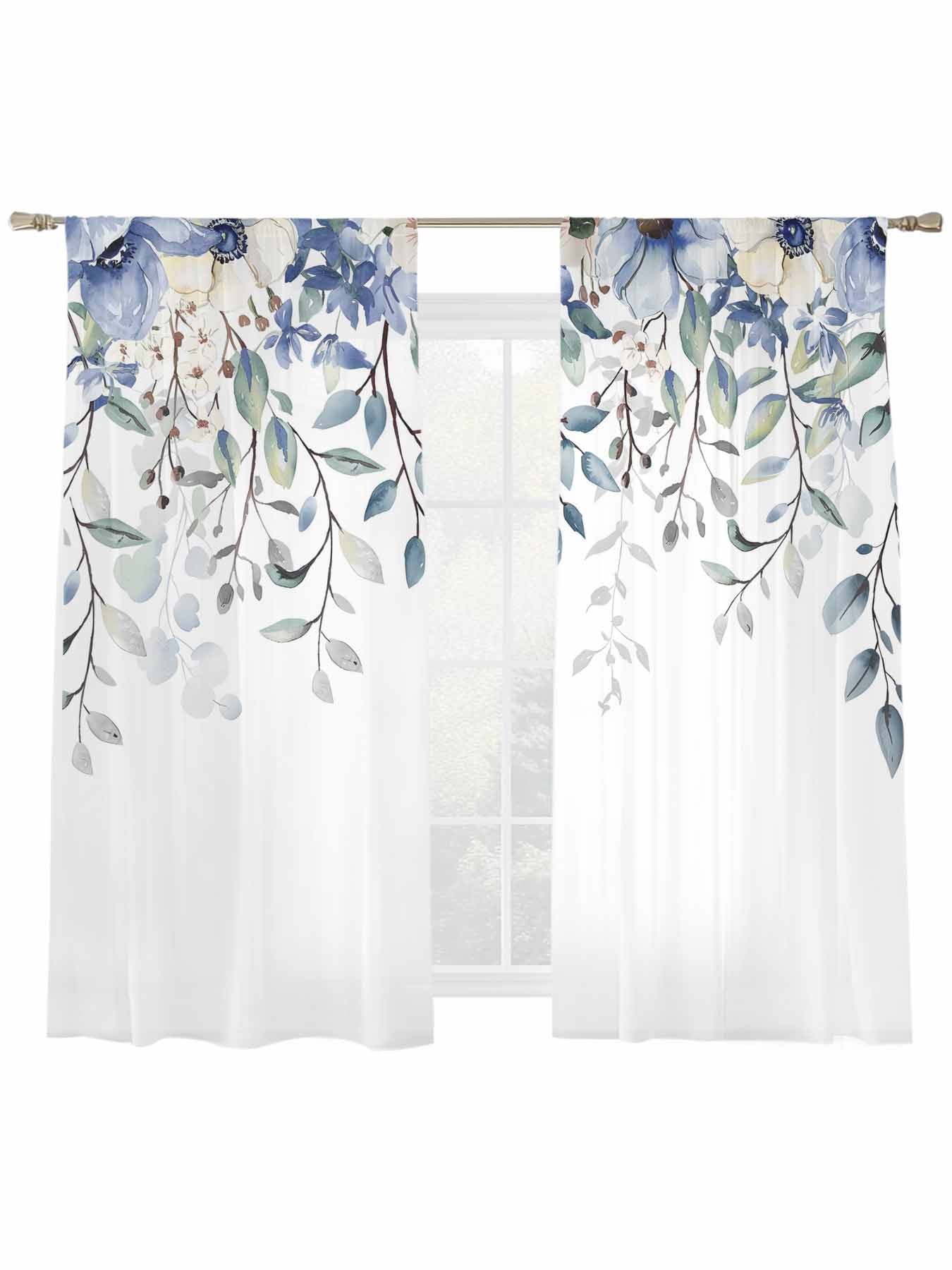 Eucalyptus Flowers Sheer Curtains 63 Inch Length 2 Panels Set, Semi Transparent Voile Rod Pocket ...