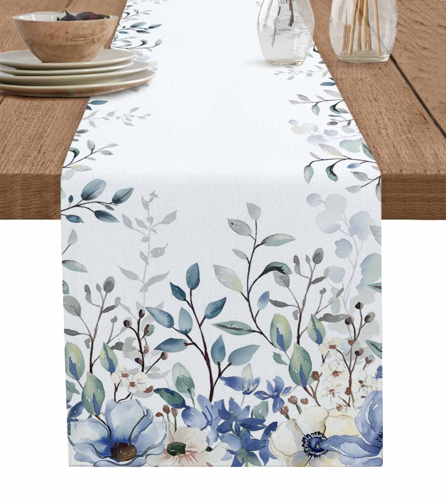 Eucalyptus Flowers Table Runner 72 Inches, Botanical Blue White Floral ...