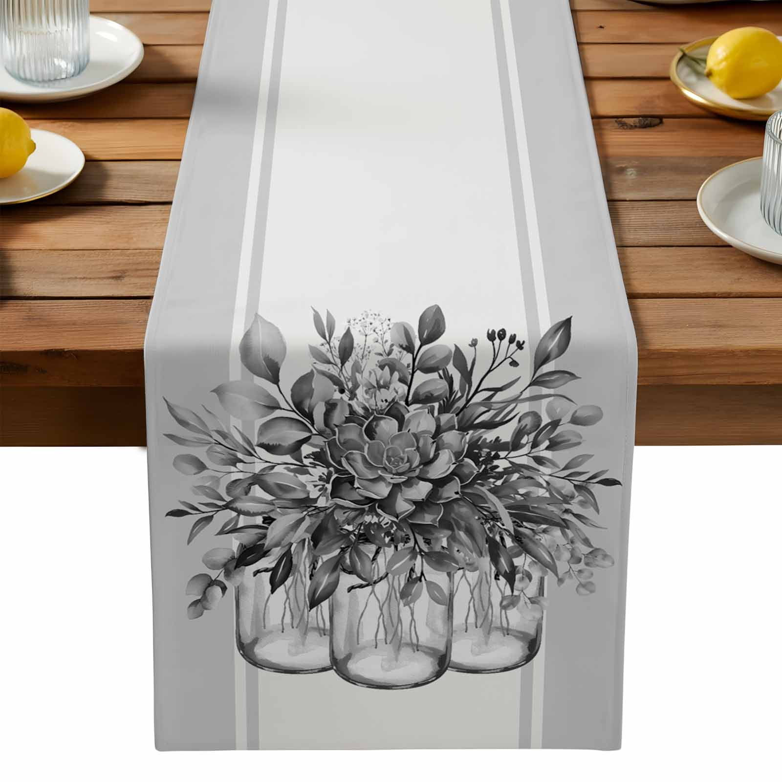 Eucalyptus Gray Cotton Linen Table Runner for Dining Kitchen, Stripes ...