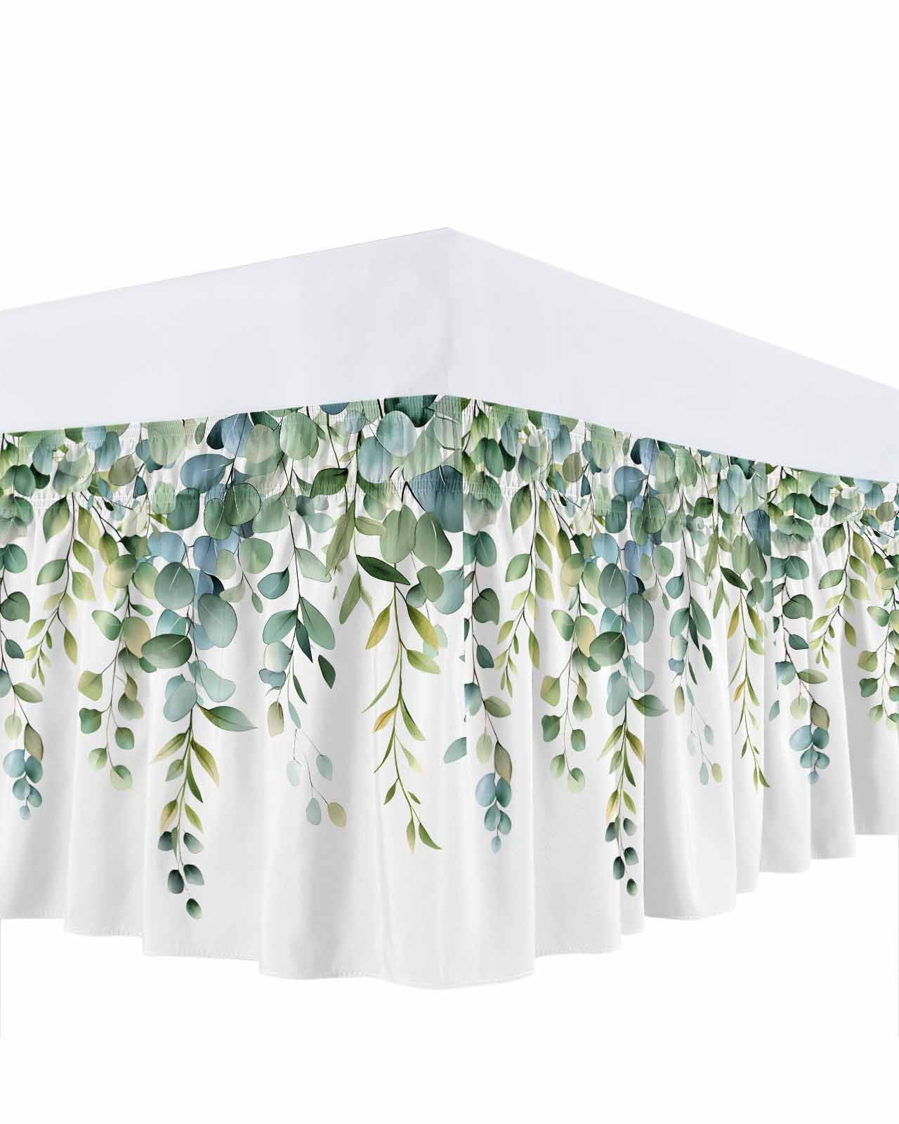 Eucalyptus Green Bed Skirt King Size, Gradient Leaves Retro Watercolor ...