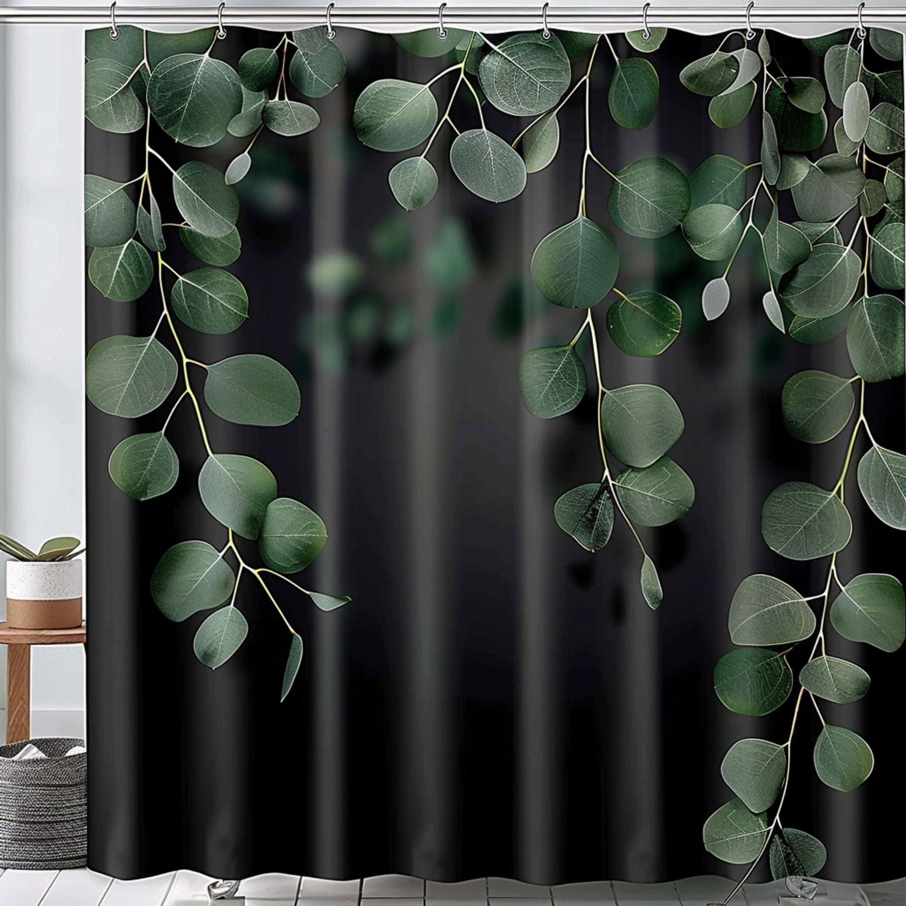 Eucalyptus Green Leaves Shower Curtain with Black Background Bathroom ...