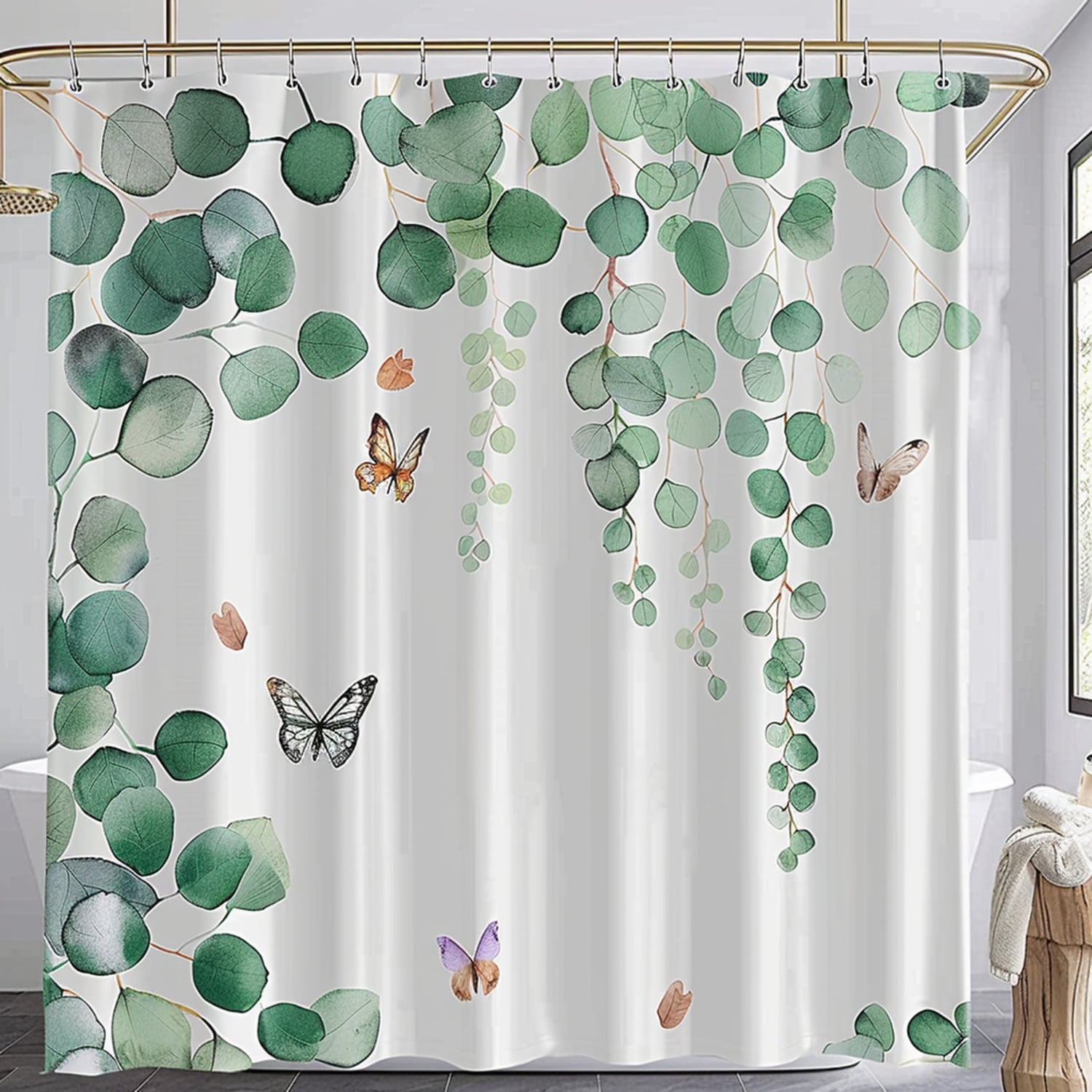 Eucalyptus Green Leaves and Butterflies White Bathroom Shower Curtain High Resolution Quality ...