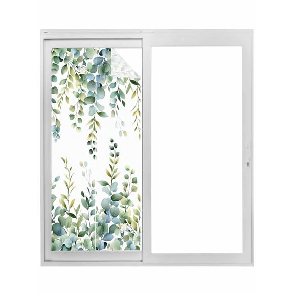 Eucalyptus Green Window Privacy Film, Gradient Leaves Retro Watercolor ...