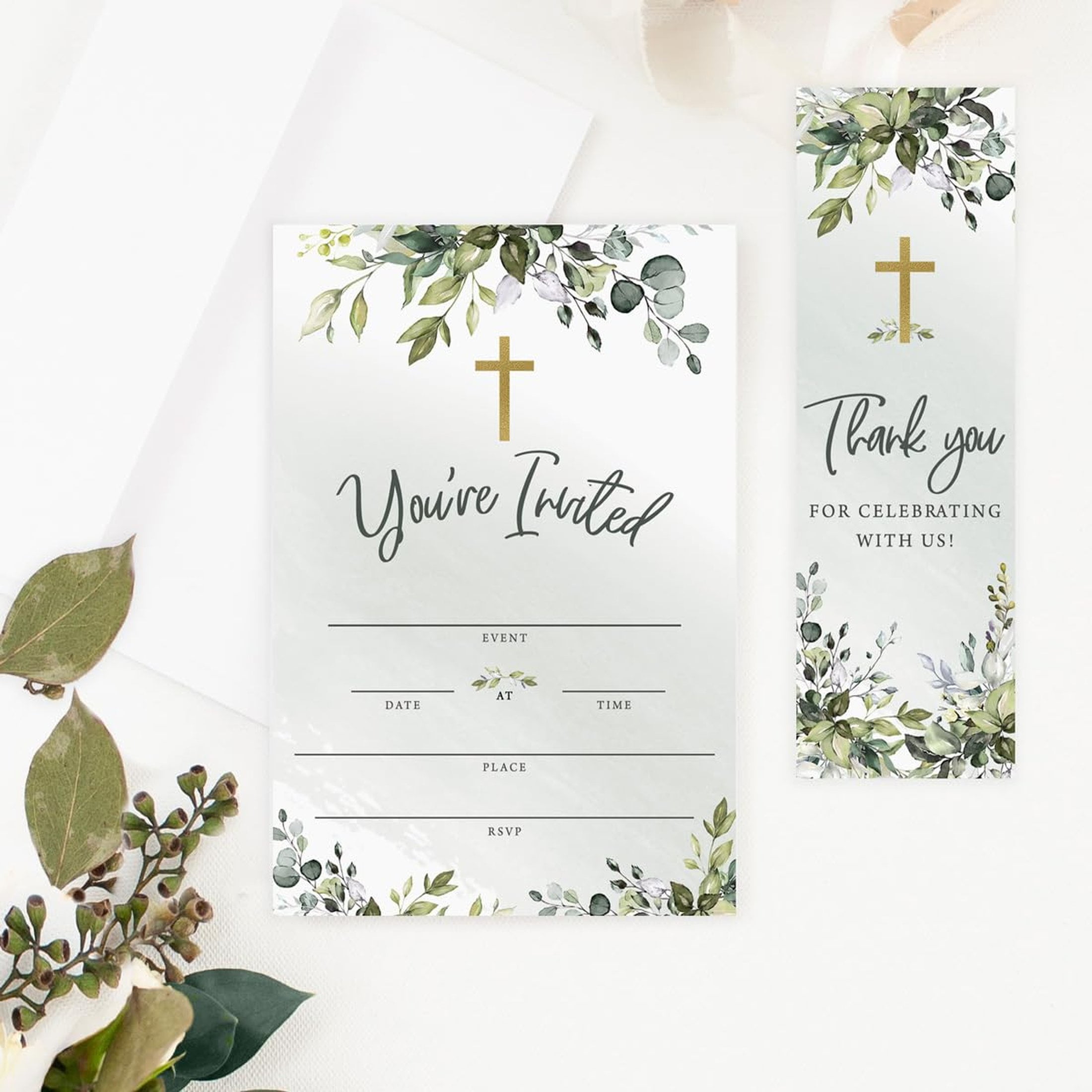Eucalyptus Greenery Baptism Invitation Set with Bookmarks and Envelopes ...
