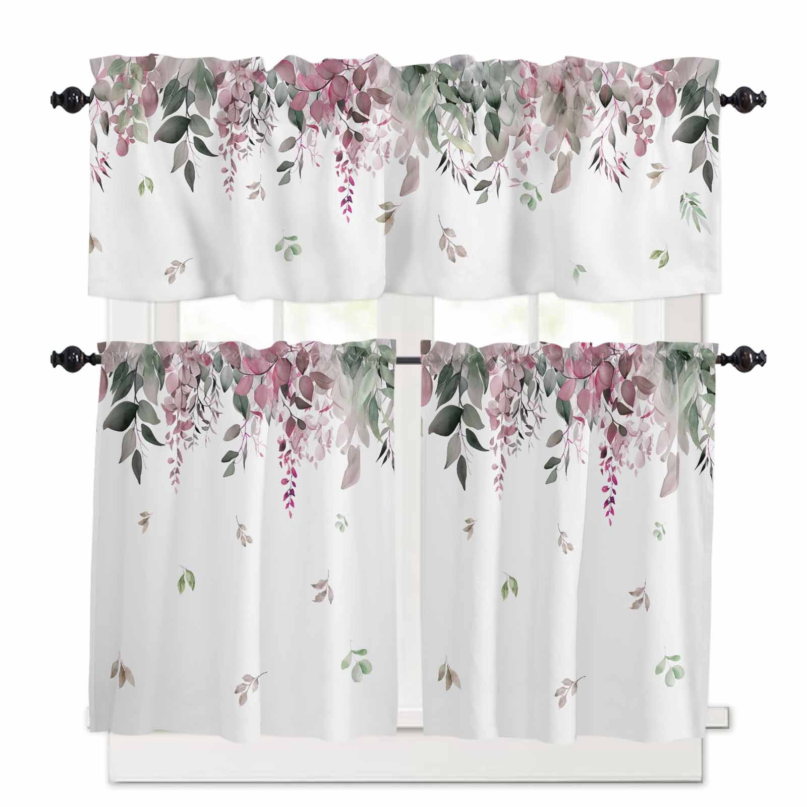 Eucalyptus Kitchen Curtain Set, Red Green Plant Leaves Simple White ...