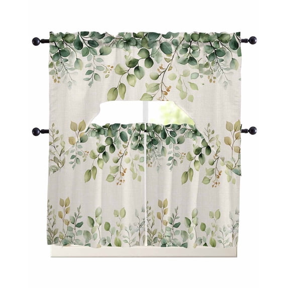 Eucalyptus Kitchen Curtain and Valance Set 3 Pieces,Rod Pocket Short ...