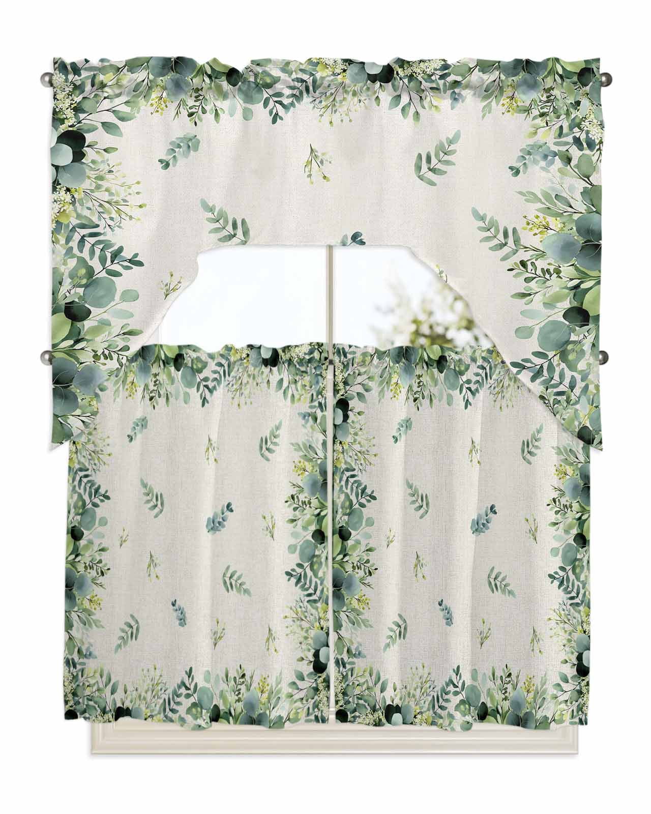 Eucalyptus Kitchen Curtains Swag Valance and Tier Curtains Set 36 Inch Length, Farmhouse Flower ...