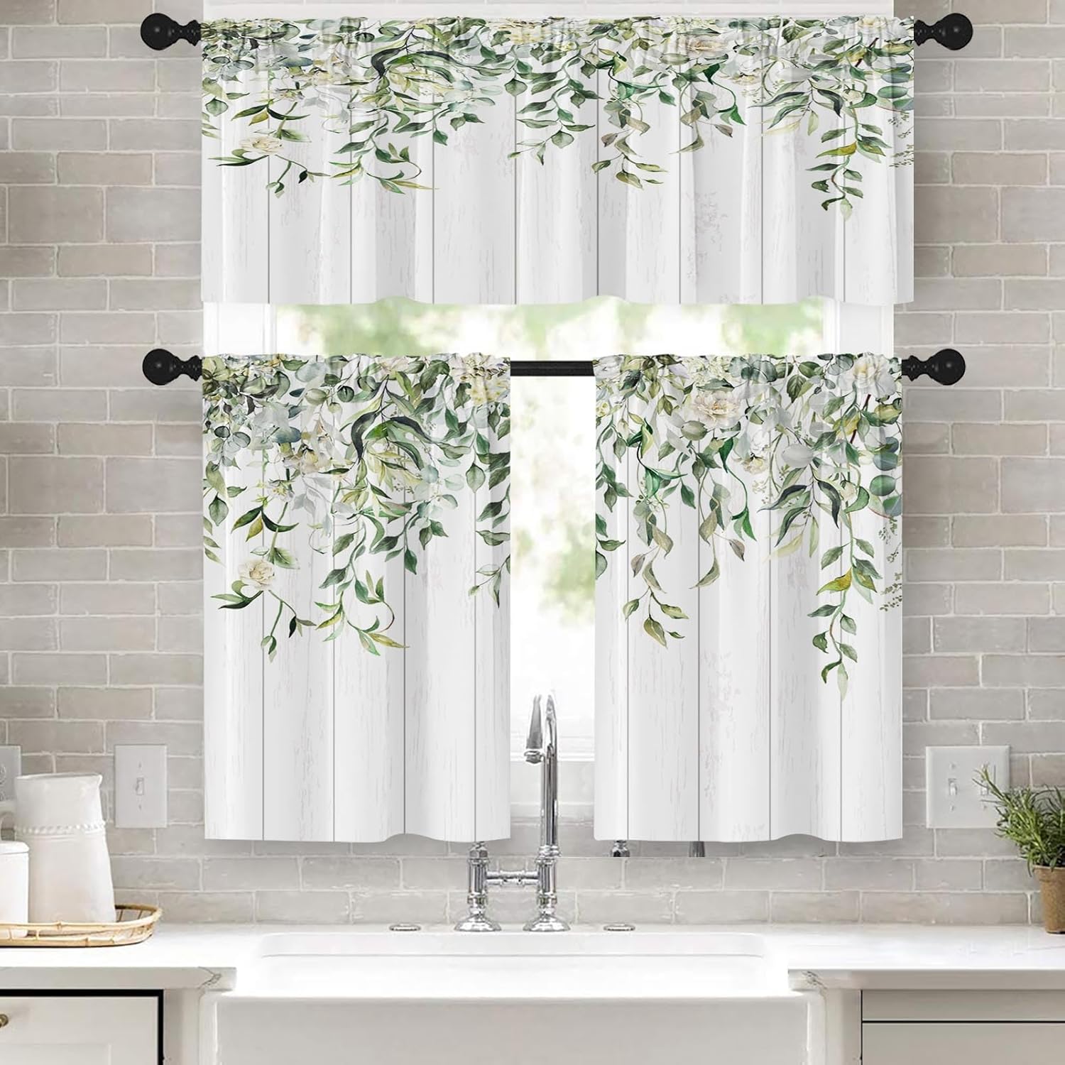Eucalyptus Kitchen Window Curtains Valance and Tier Set 36 Inch, Rustic ...