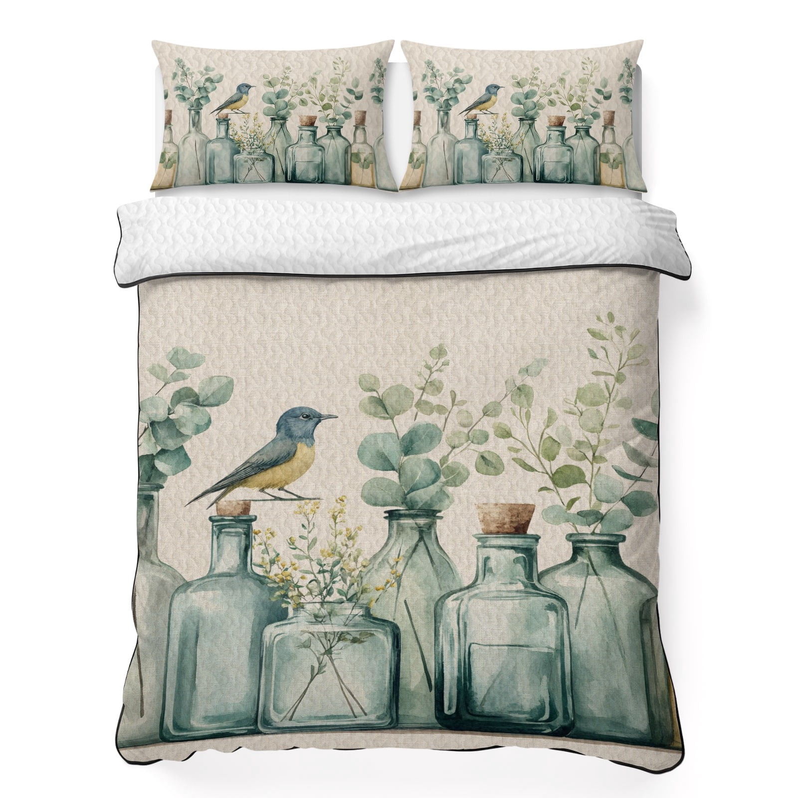 Eucalyptus Leaf 3 Piece Quilt Bedding Set with 2 Pillow Shams, Spring ...