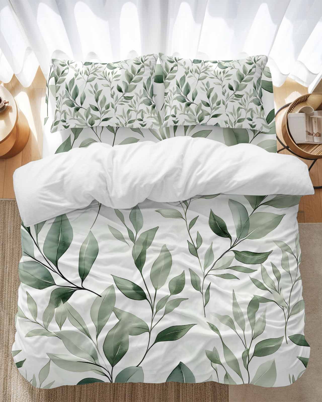 Eucalyptus Leaf Bedding Duvet Cover Set Queen Size 4 Pieces Green Plant ...