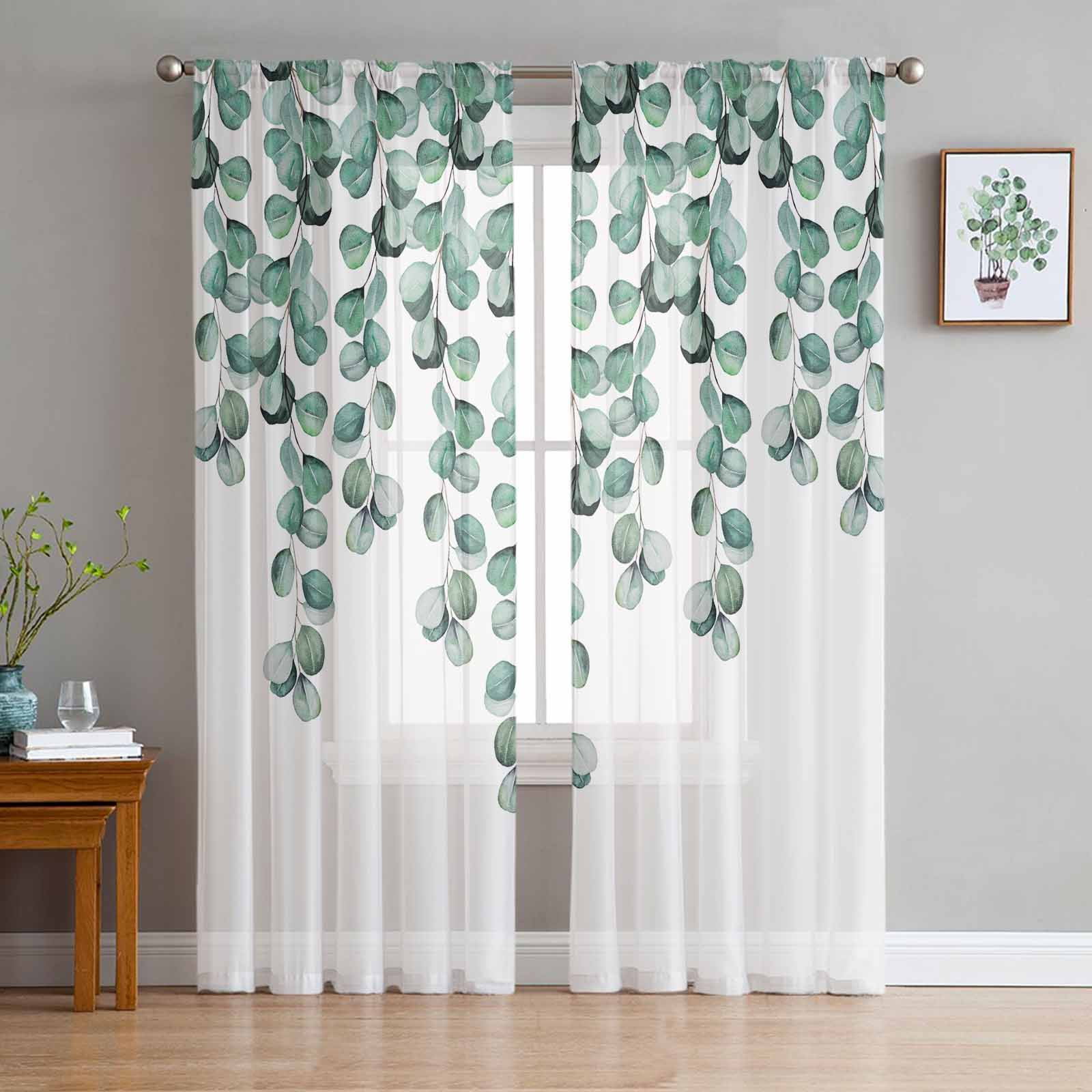 Eucalyptus Leaf Branches Triangle Tulle Sheer Window Curtains For ...