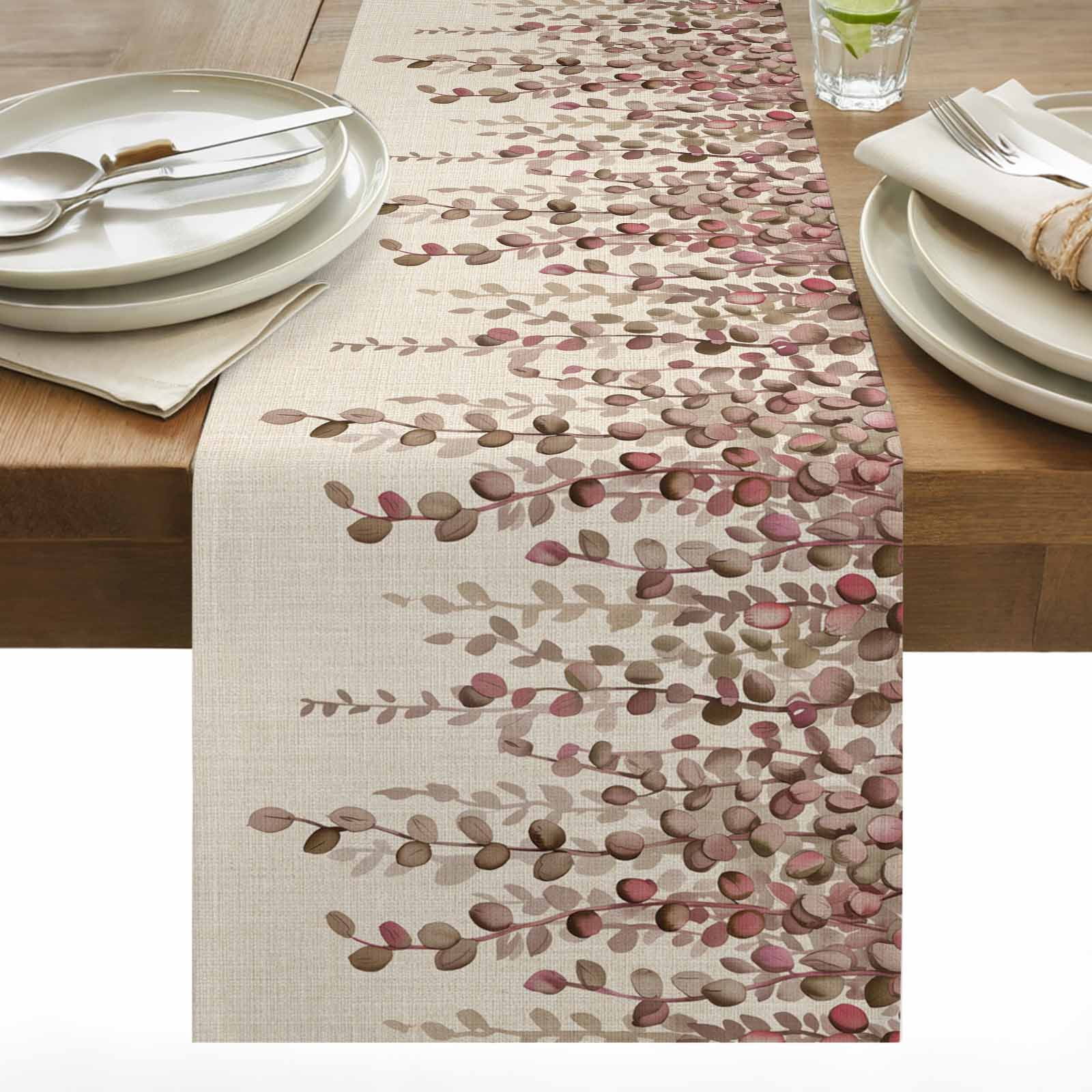 Eucalyptus Leaf Cotton Linen Table Runner Country Red Leaves Flora ...
