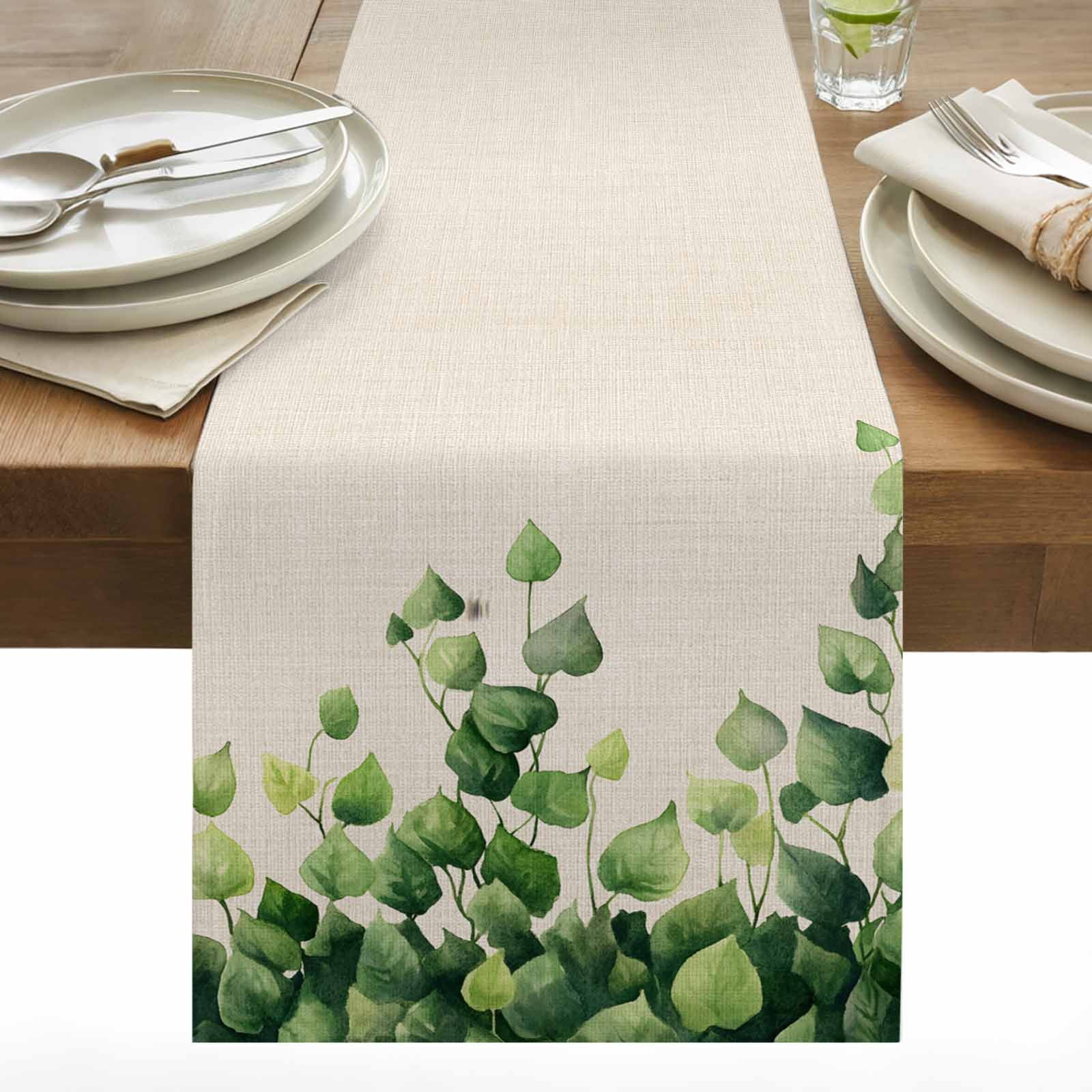 Eucalyptus Leaf Cotton Linen Table Runner Country Watercolor Sage Green ...