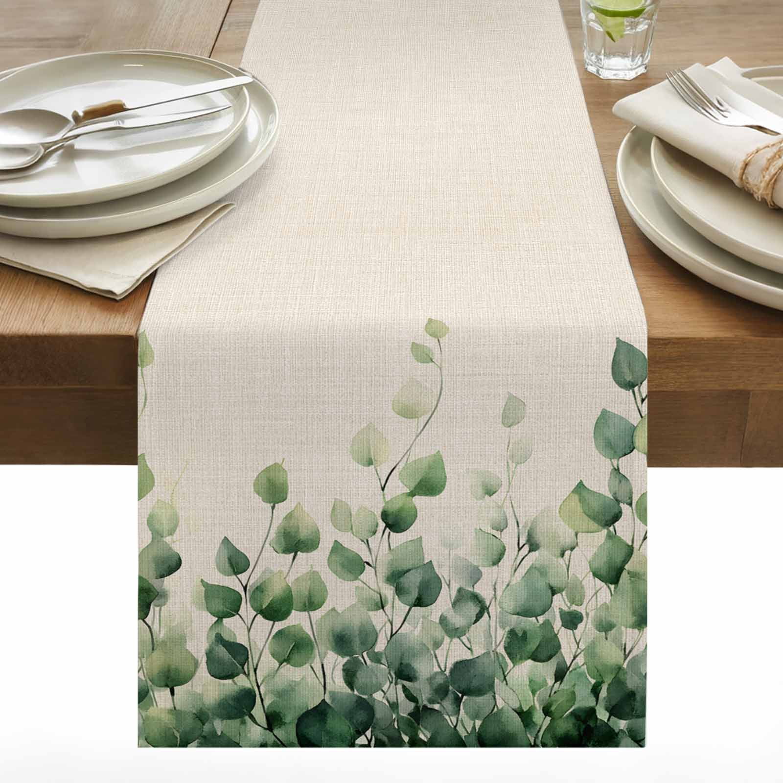 Eucalyptus Leaf Cotton Linen Table Runner Rustic Watercolor Sage Green ...