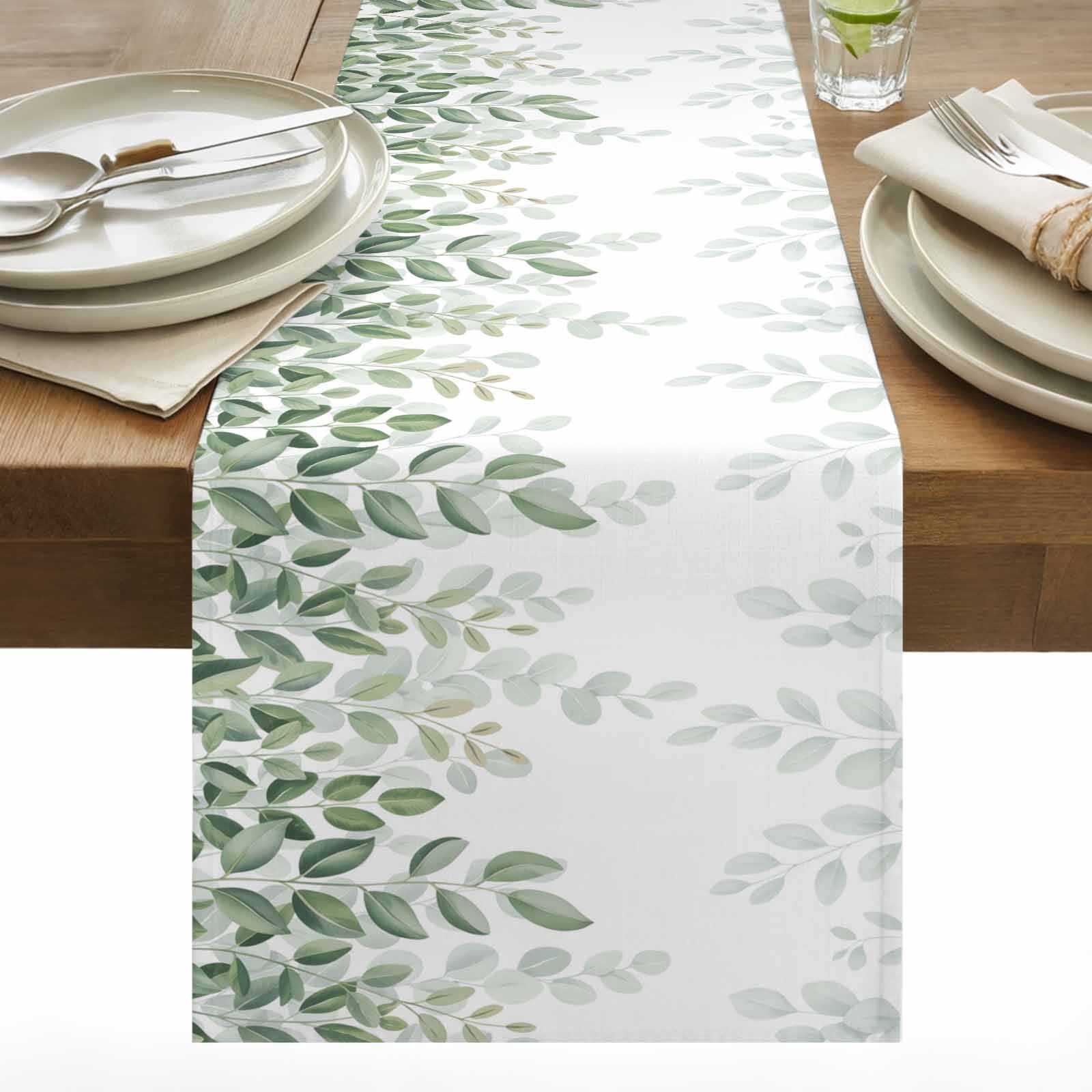 Eucalyptus Leaf Cotton Linen Table Runner Spring Gradient Sage Green ...