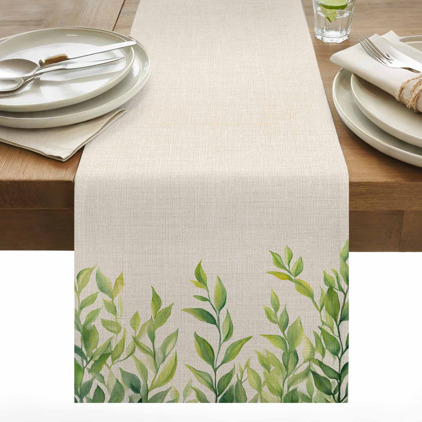 Eucalyptus Leaf Cotton Linen Table Runner Watercolor Sage Green Leaves ...