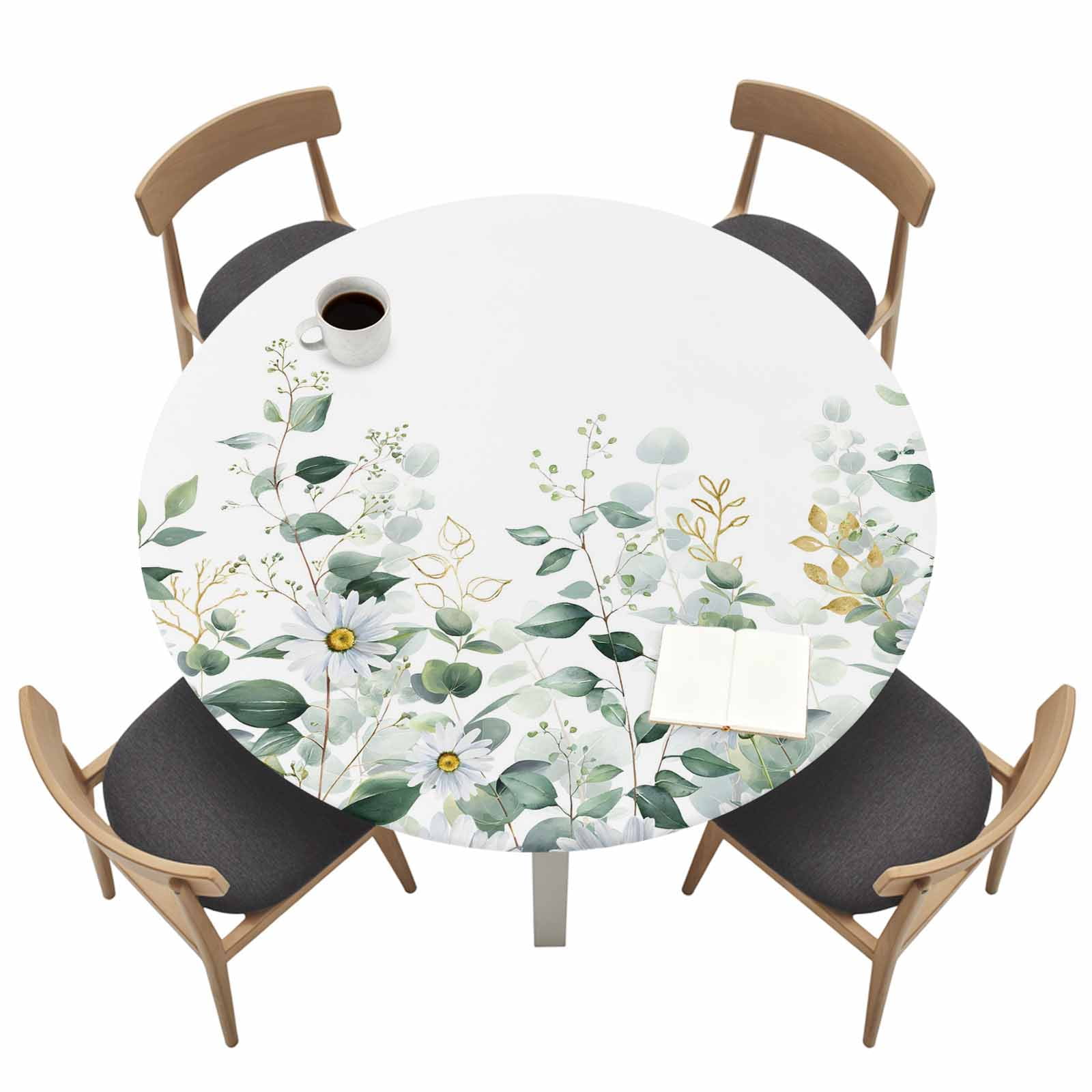Eucalyptus Leaf Daisy Round Fitted Tablecloth with Elastic Edge ...