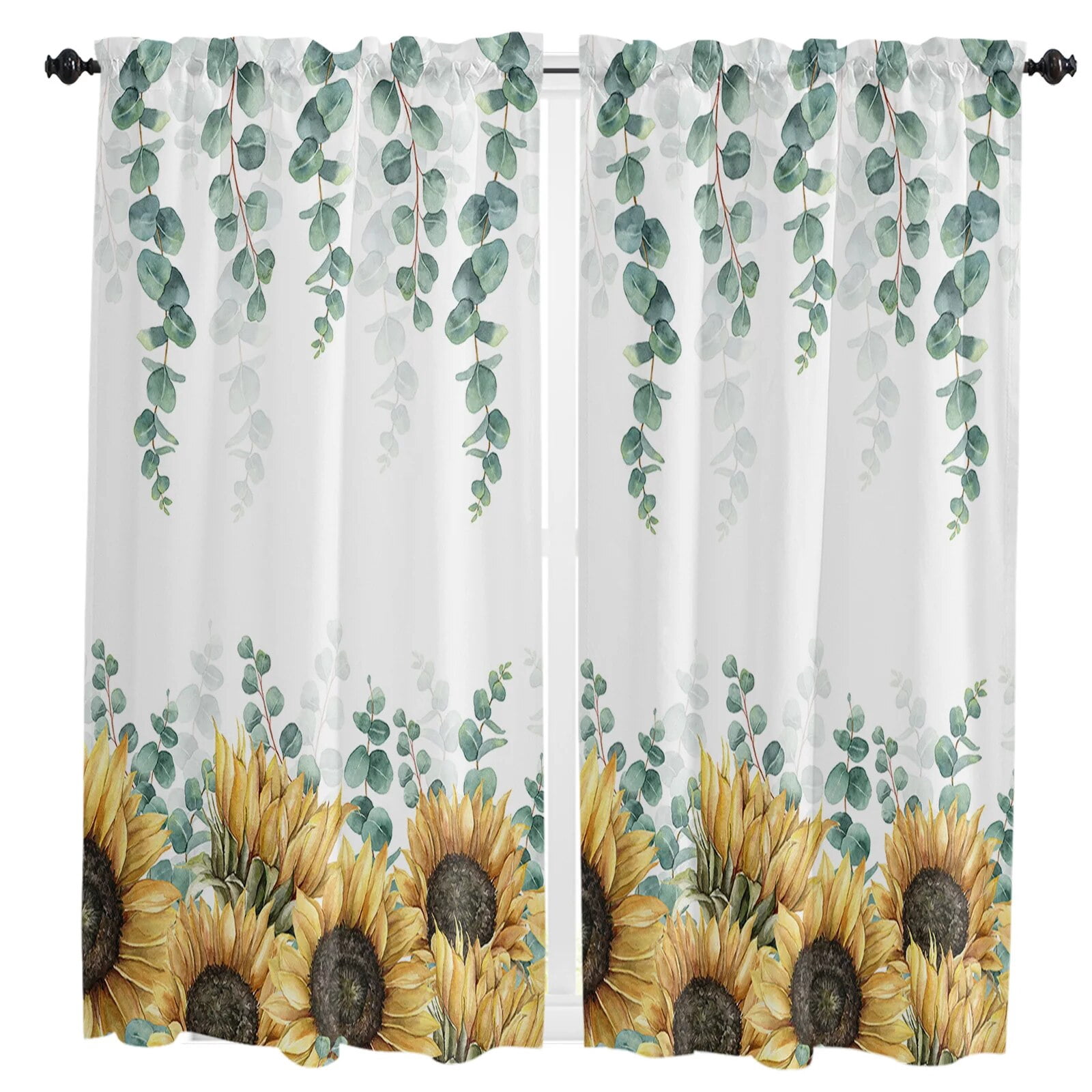 Eucalyptus Leaf Farmhouse Plant Sunflower Rod Pocket Short Curtain Half ...
