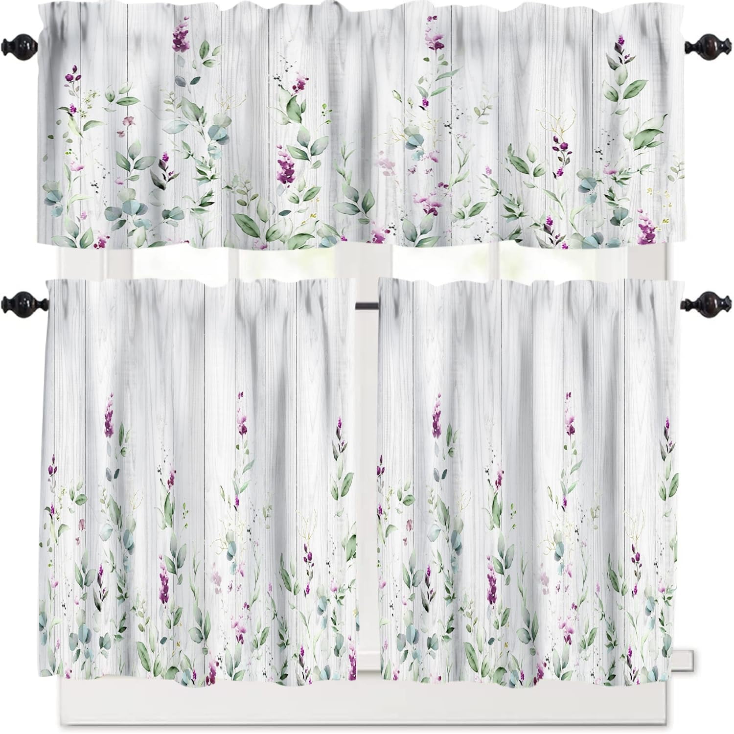 Eucalyptus Leaf Floral Kitchen Curtain Set, Wildflower Wooden Board ...