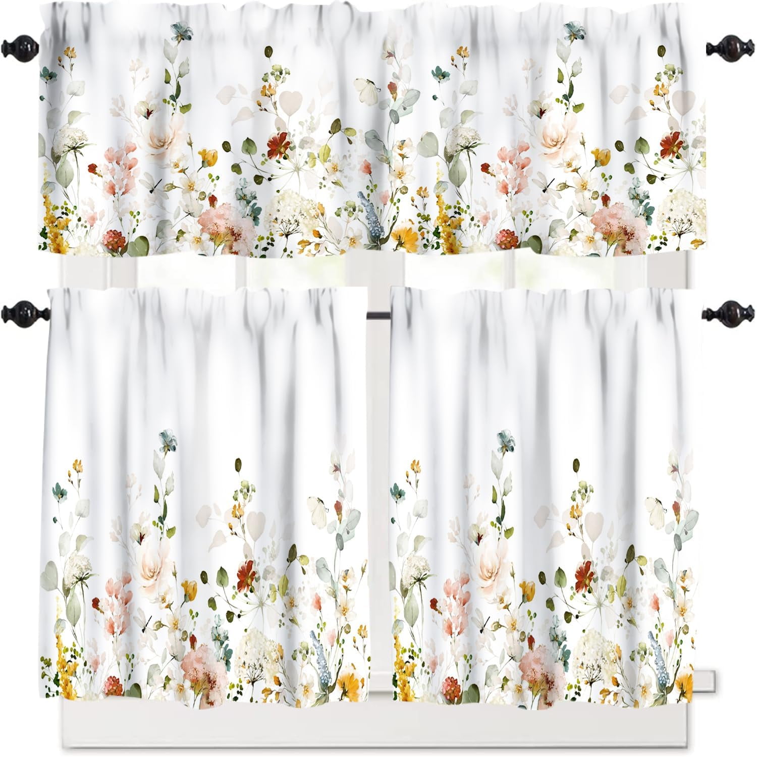 Eucalyptus Leaf Floral Kitchen Valance Curtain Set, Rustic Flower Plant ...