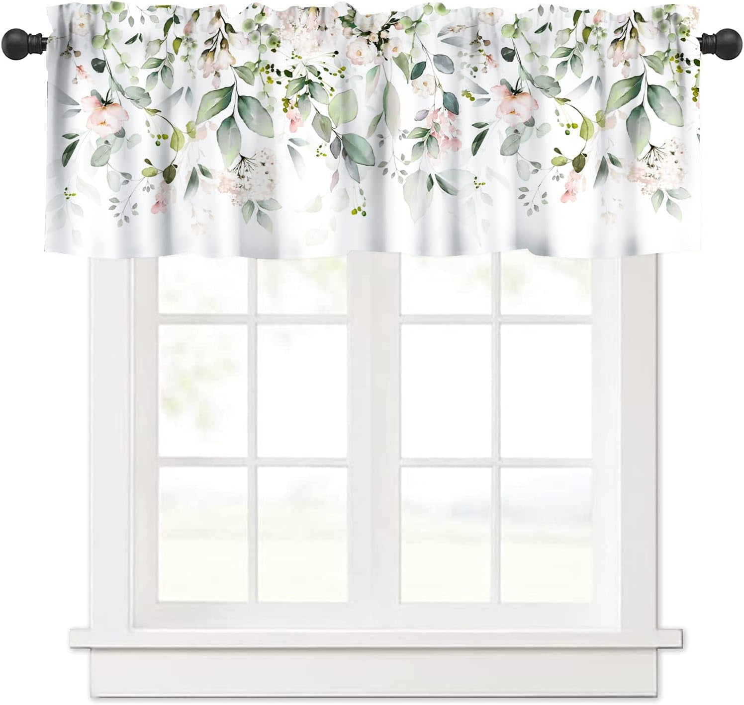 Eucalyptus Leaf Floral Window Valance Curtain, Rustic Flower Plant ...