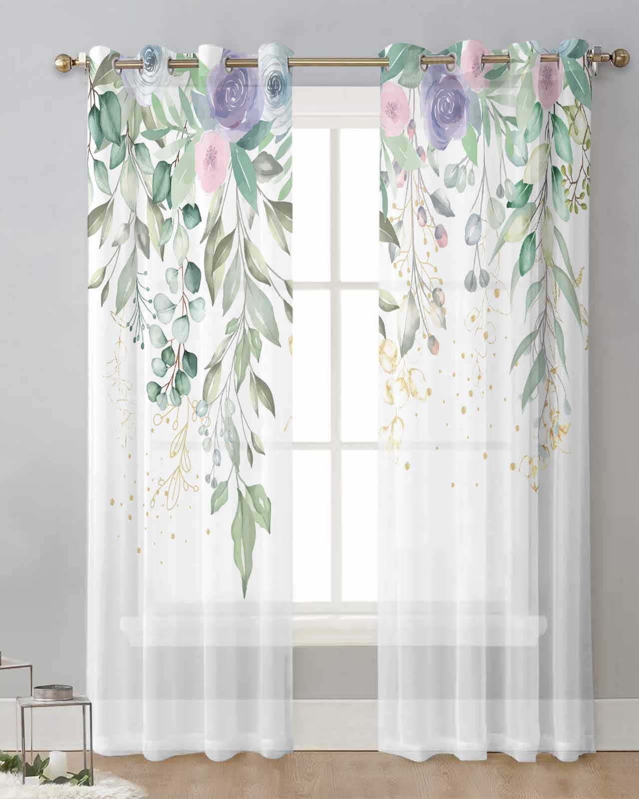 Eucalyptus Leaf Flower Bedroom Voile Curtain Window Treatment Drapes ...
