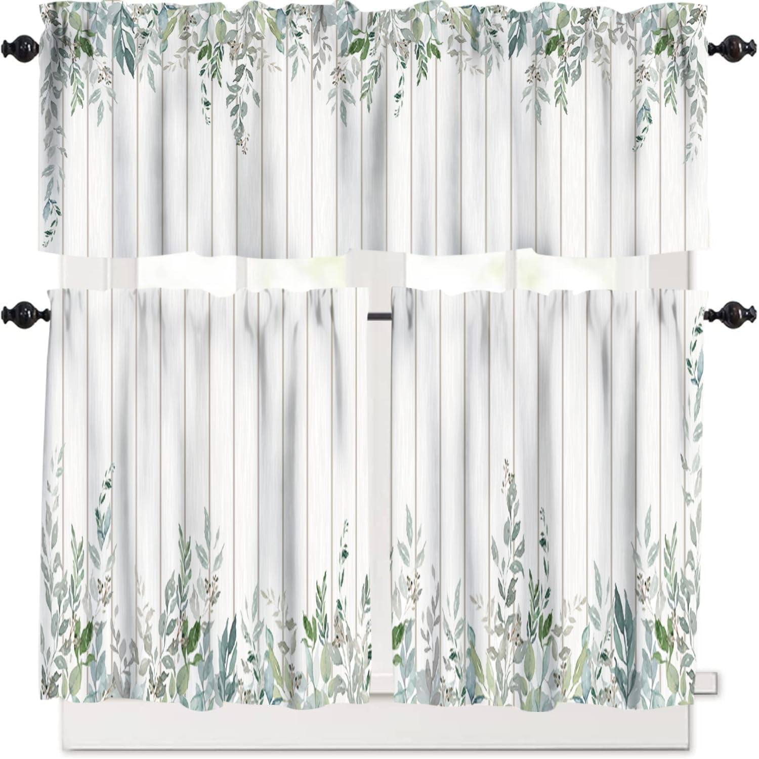 Eucalyptus Leaf Kitchen Curtain Set, Spring Sage Green Farmhouse Leaves ...