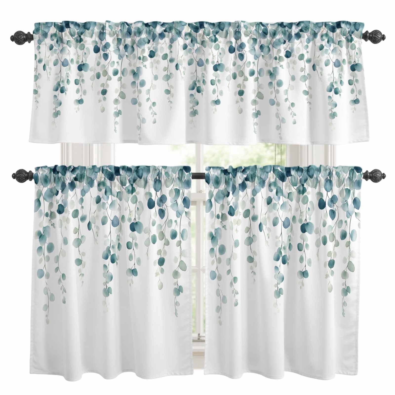 Eucalyptus Leaf Kitchen Curtains Set for Windows, Green Gradient Leaves ...
