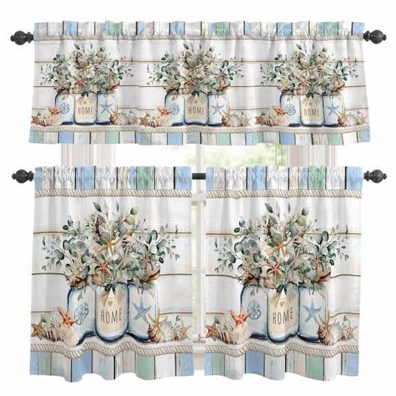 Eucalyptus Leaf Kitchen Curtains Set for Windows, Starfish Shell Vase ...