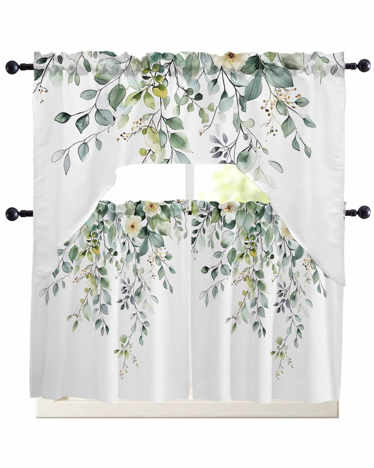Eucalyptus Leaf Kitchen Curtains Swag Valance and Tier Curtains Set 24 ...