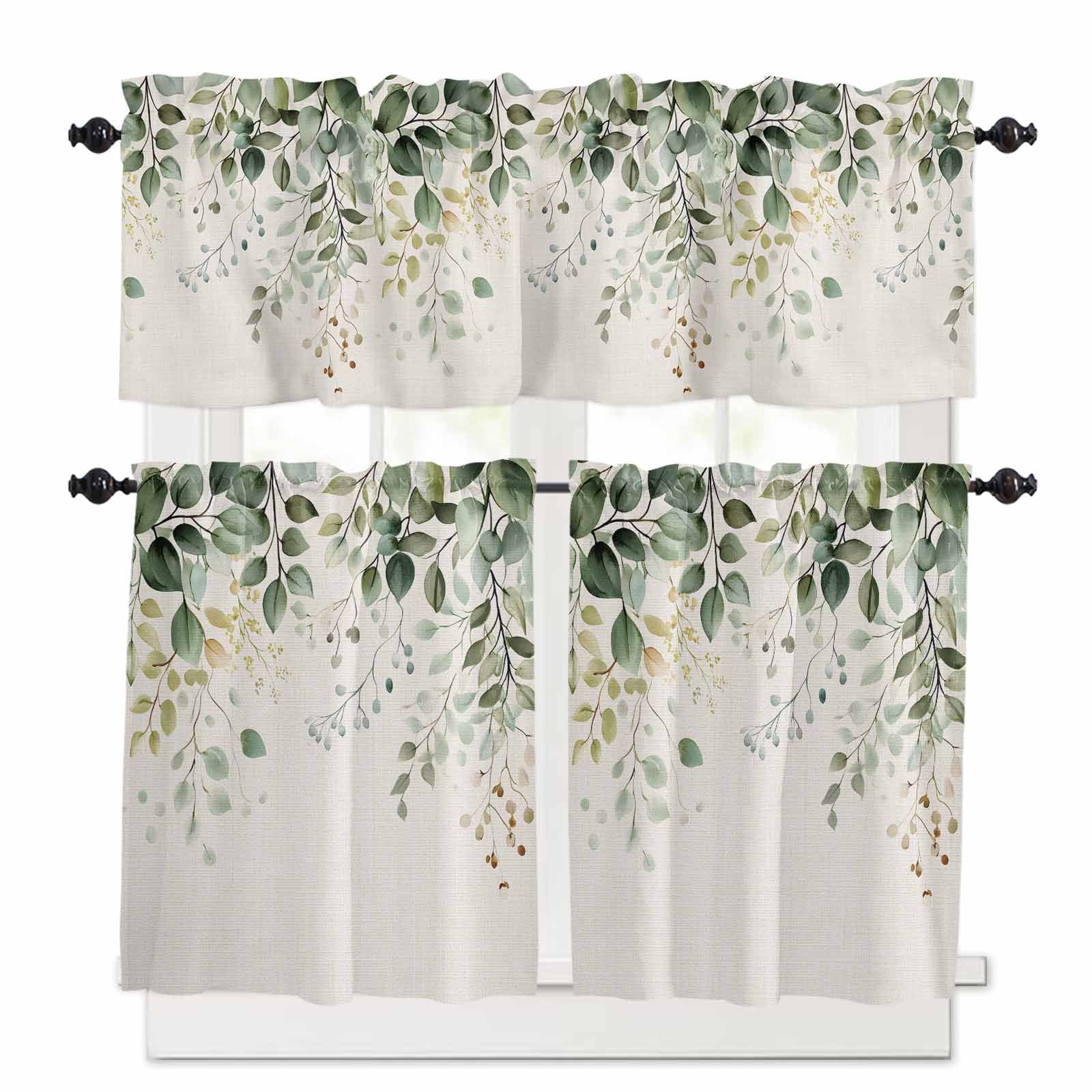 Eucalyptus Leaf Kitchen Curtains Valance and Tier Set Country Plant ...