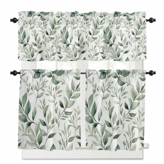 Eucalyptus Leaf Kitchen Curtains Valance and Tier Set Green Plant ...